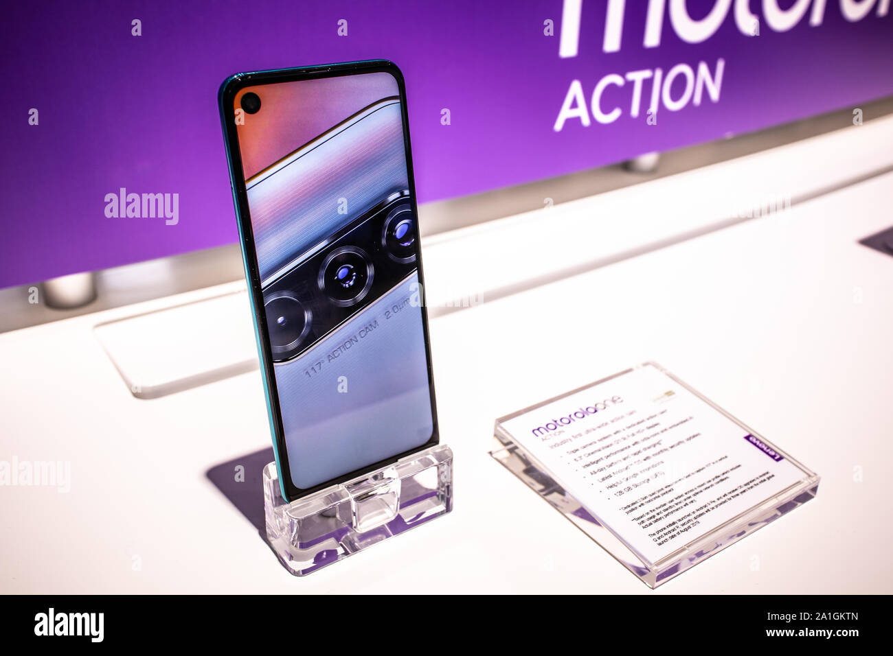 Berlin, Germany, Sep 2019 Motorola One Vision ZOOM Action smartphone on ...