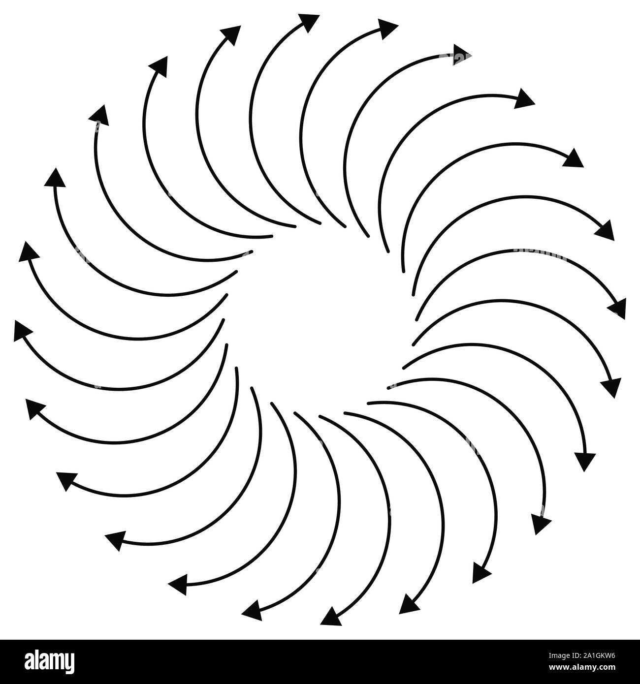 Curved circular arrow. Radial, concentric pointer for spin, orbit ...