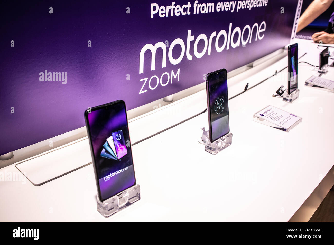 Berlin, Germany, Sep 2019 Motorola One Vision ZOOM Action smartphone on ...