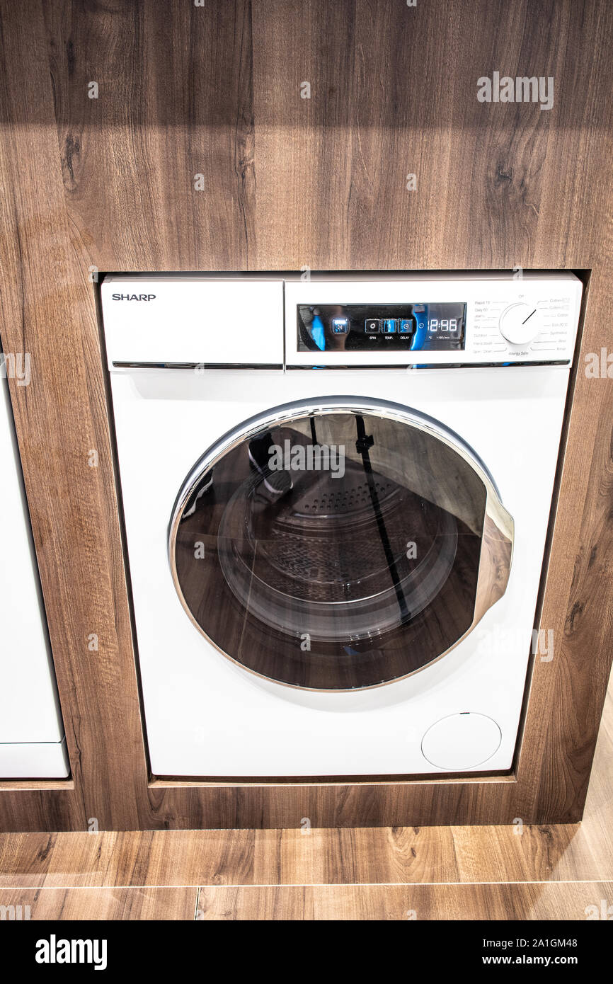 Berlin, Germany, Sep 2019, Sharp Washing Machine and tumble dryer on ...