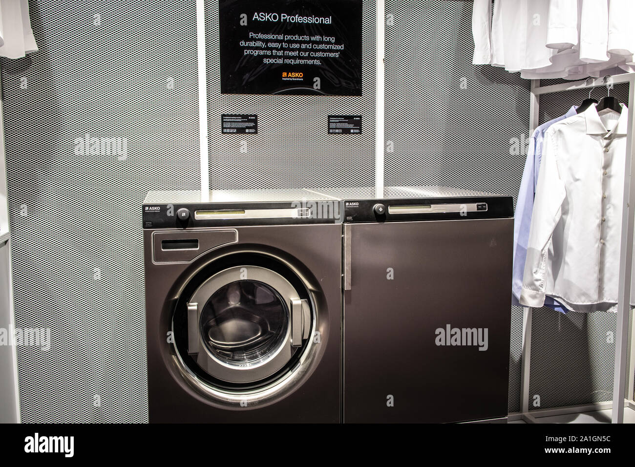 Berlin, Germany, Sep 2019 Asko washing machine tumble dryer on display ...