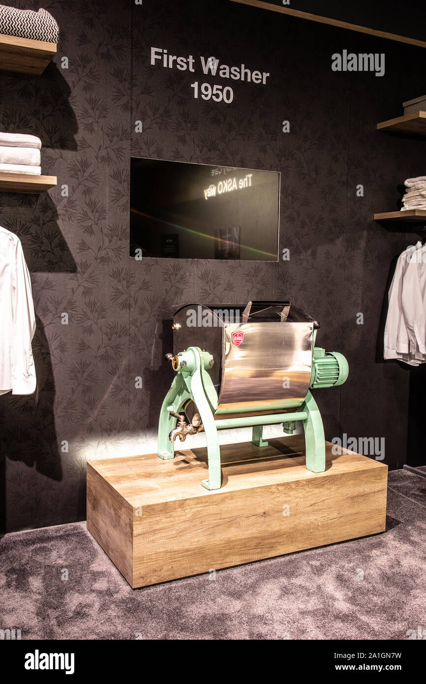Berlin, Germany, Sep 2019 Asko washing machine tumble dryer on display ...
