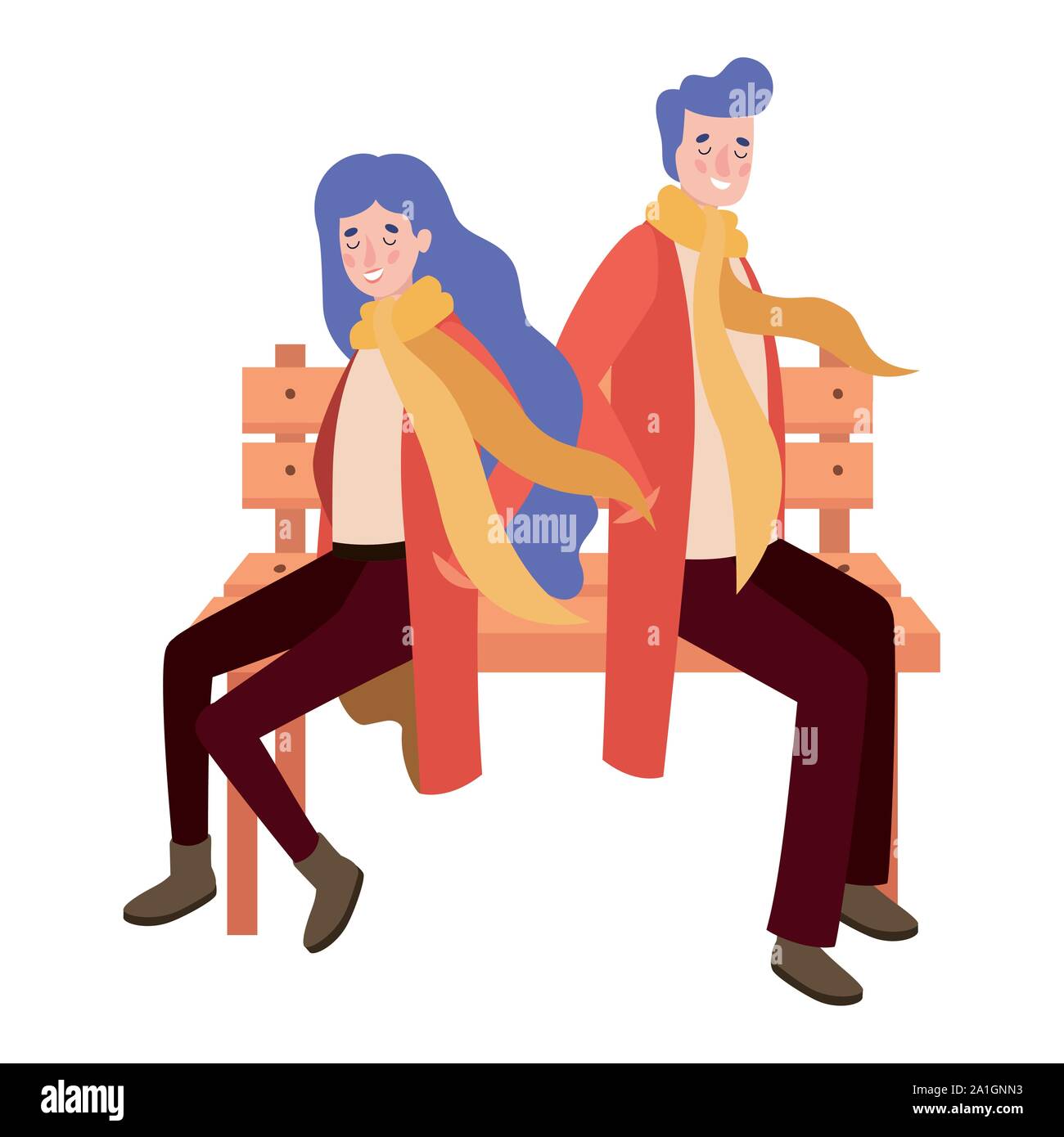 couple lovers seated in park chair with autumn suit characters Stock ...