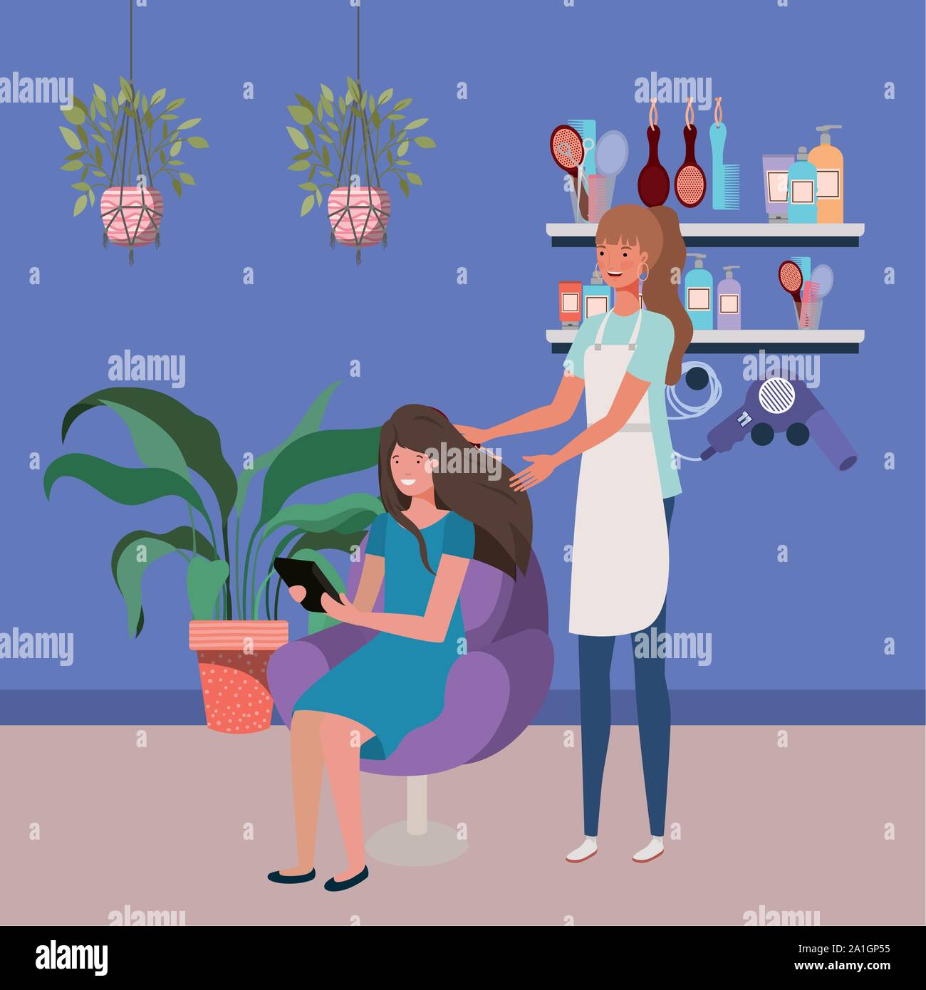 stylist fixing hair to client in the salon characters Stock Vector ...