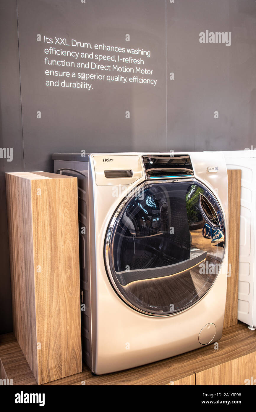 Berlin, Germany, Sep 2019 Haier XXL Washing Machine tumble dryer on ...