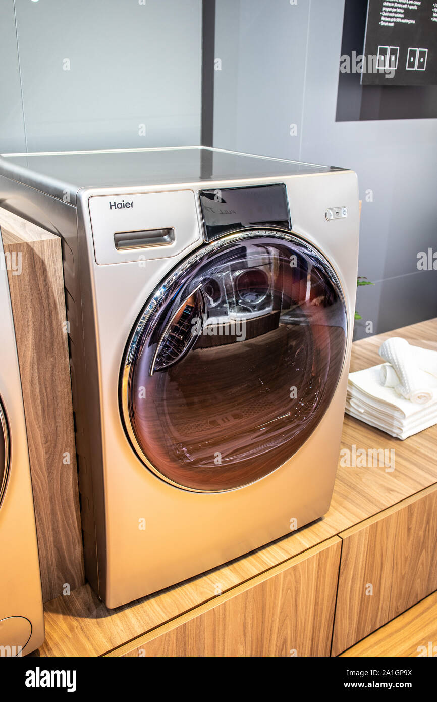 Berlin, Germany, Sep 2019 Haier XXL Washing Machine tumble dryer on ...