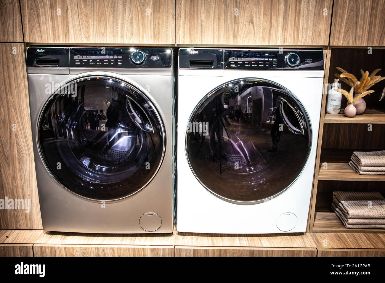 Berlin, Germany, Sep 2019 Haier XXL Washing Machine tumble dryer on ...