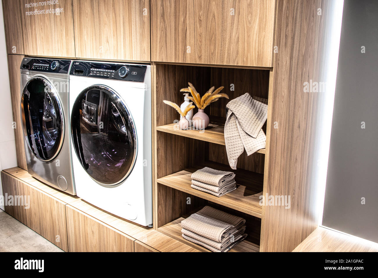 Berlin, Germany, Sep 2019 Haier XXL Washing Machine tumble dryer on ...