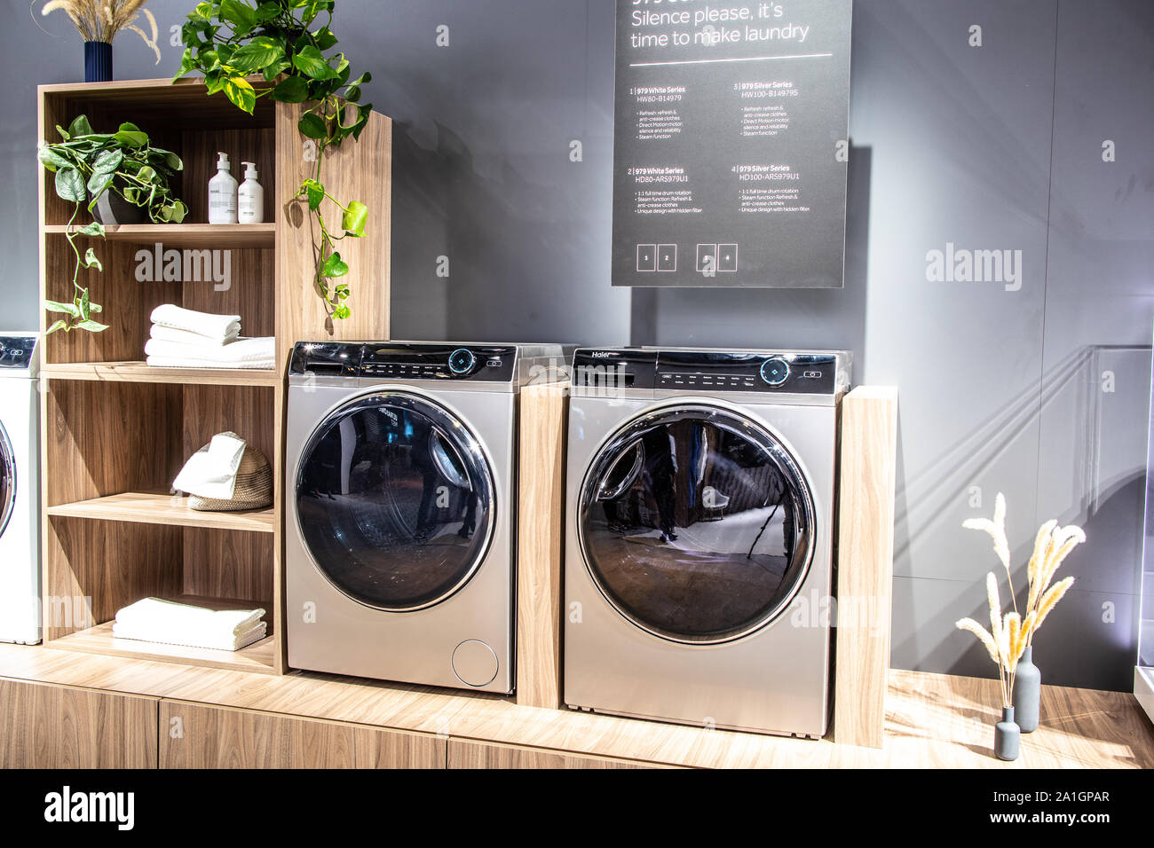 Berlin, Germany, Sep 2019 Haier XXL Washing Machine tumble dryer on ...