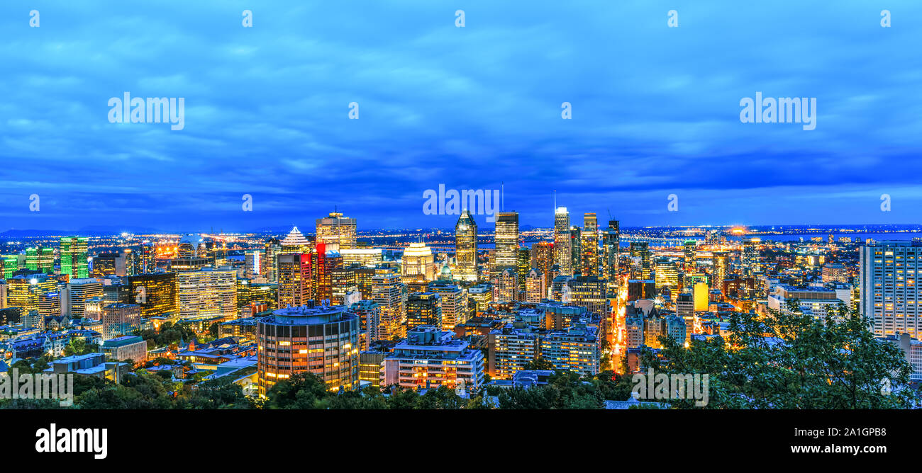 Top view of the Montreal city at sunrise or sunset, with illuminated ...