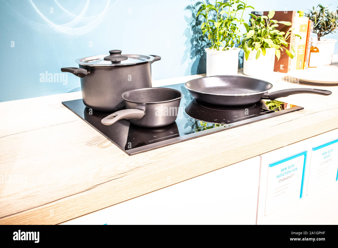 Berlin, Germany, Sep 2019, Candy kitchen showroom with home appliances ...