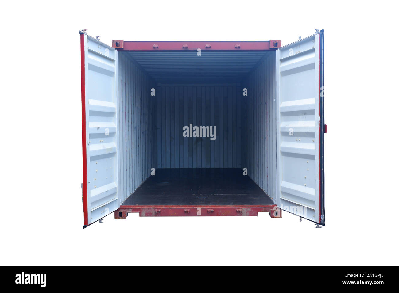 Container with red goods, door open, white background Stock Photo - Alamy