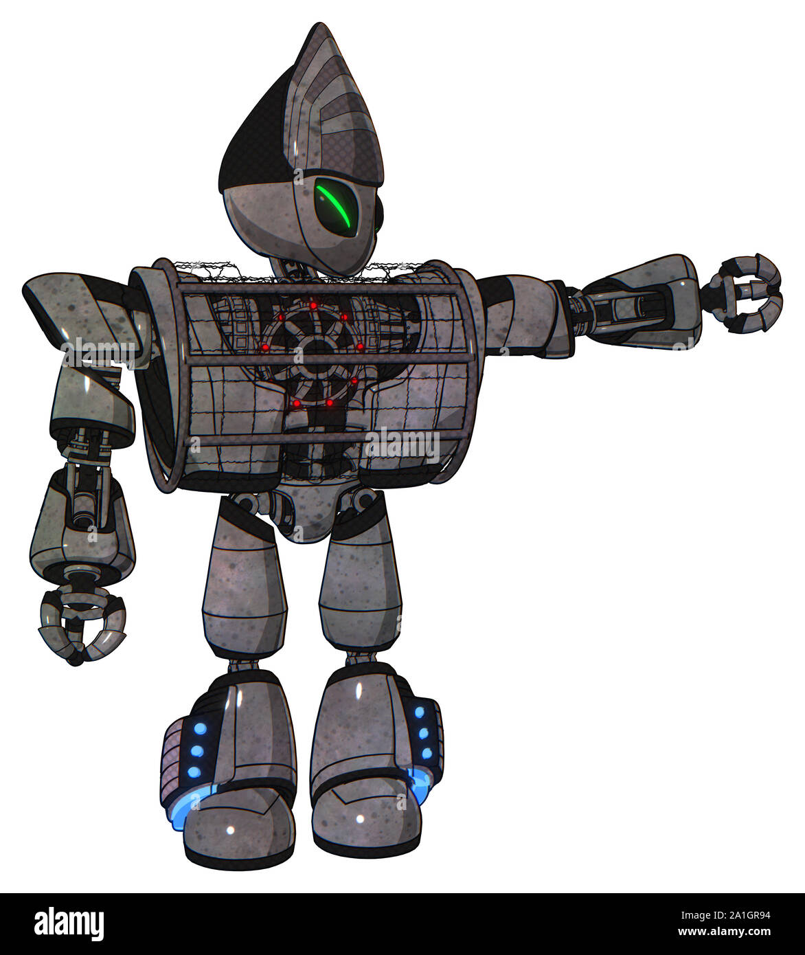 Automaton containing elements: grey alien style head, green demon eyes ...