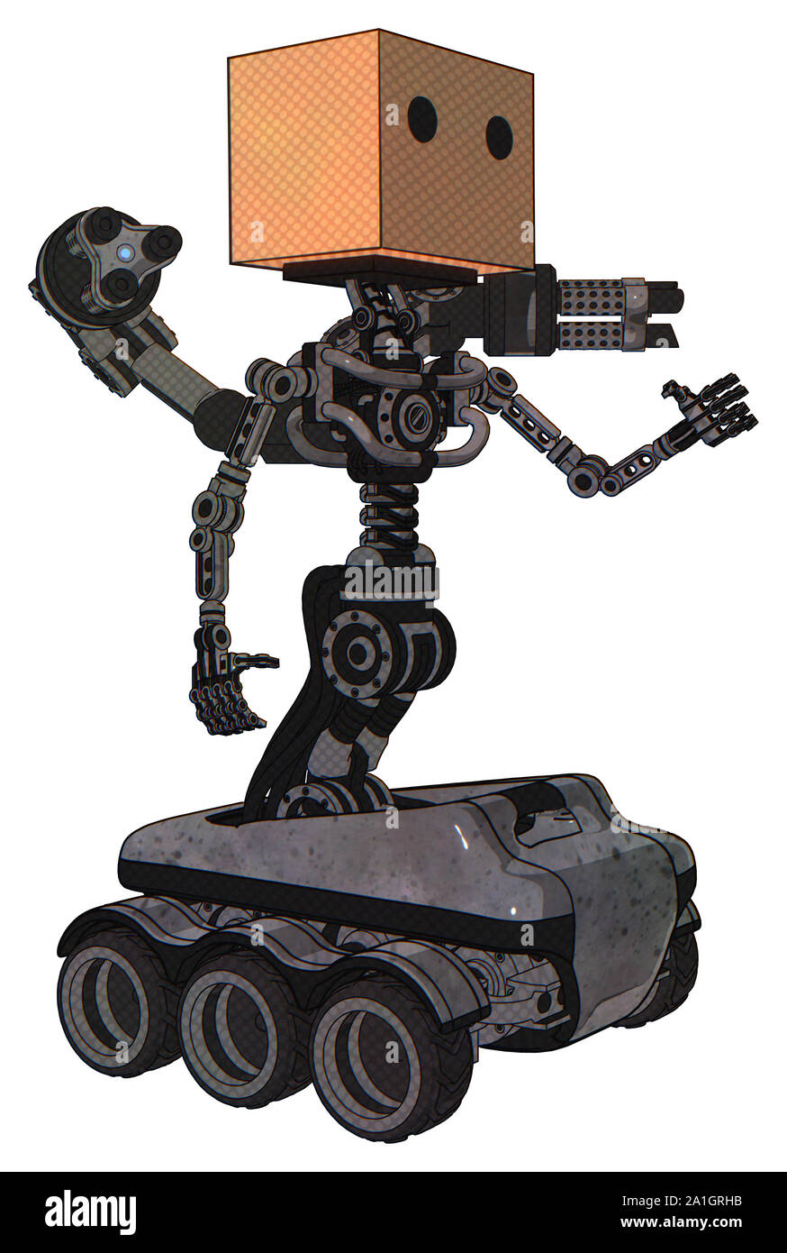 Automaton containing elements: dual retro camera head, cardboard box ...