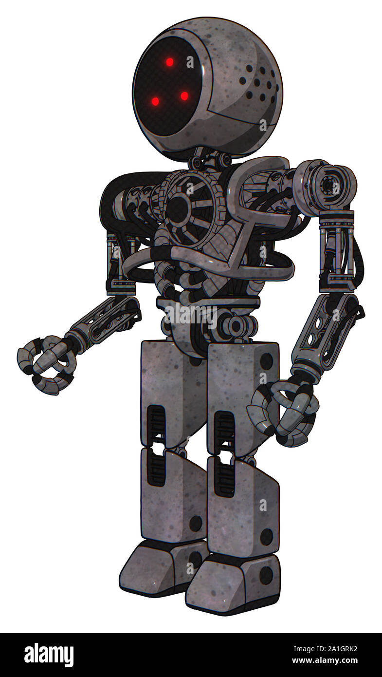 Droid containing elements: three led eyes round head, heavy upper chest ...