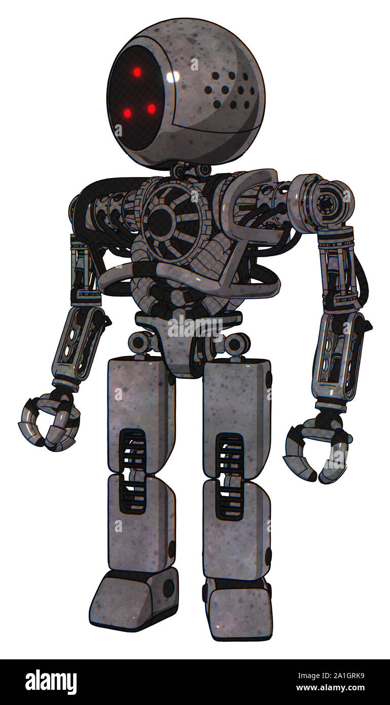Droid containing elements: three led eyes round head, heavy upper chest ...