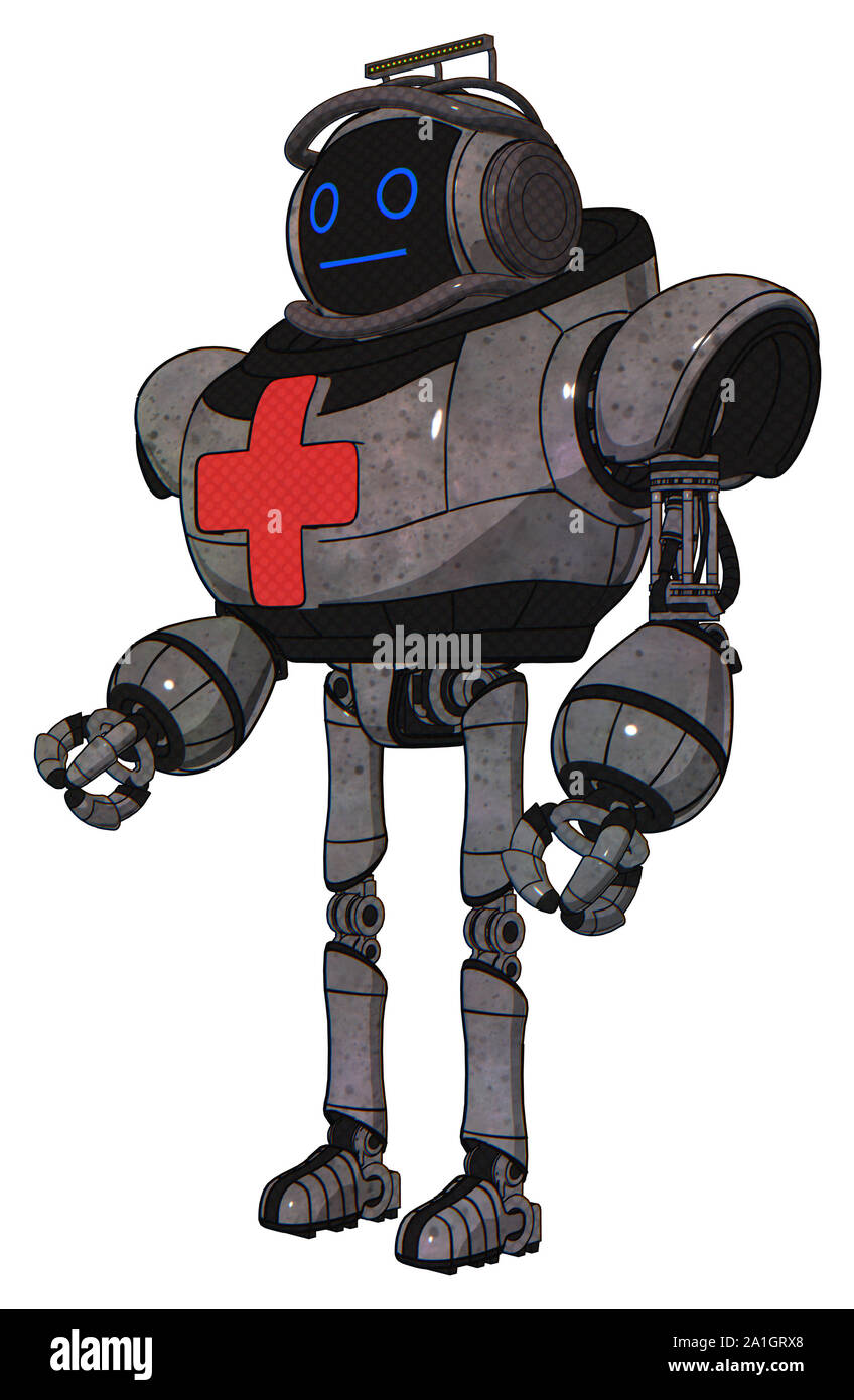 Mech containing elements: digital display head, blank-faced expression ...