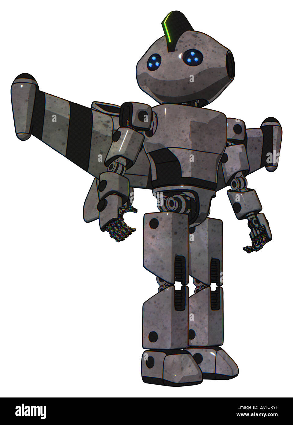 Robot containing elements: oval wide head, blue led eyes, techno mohawk ...