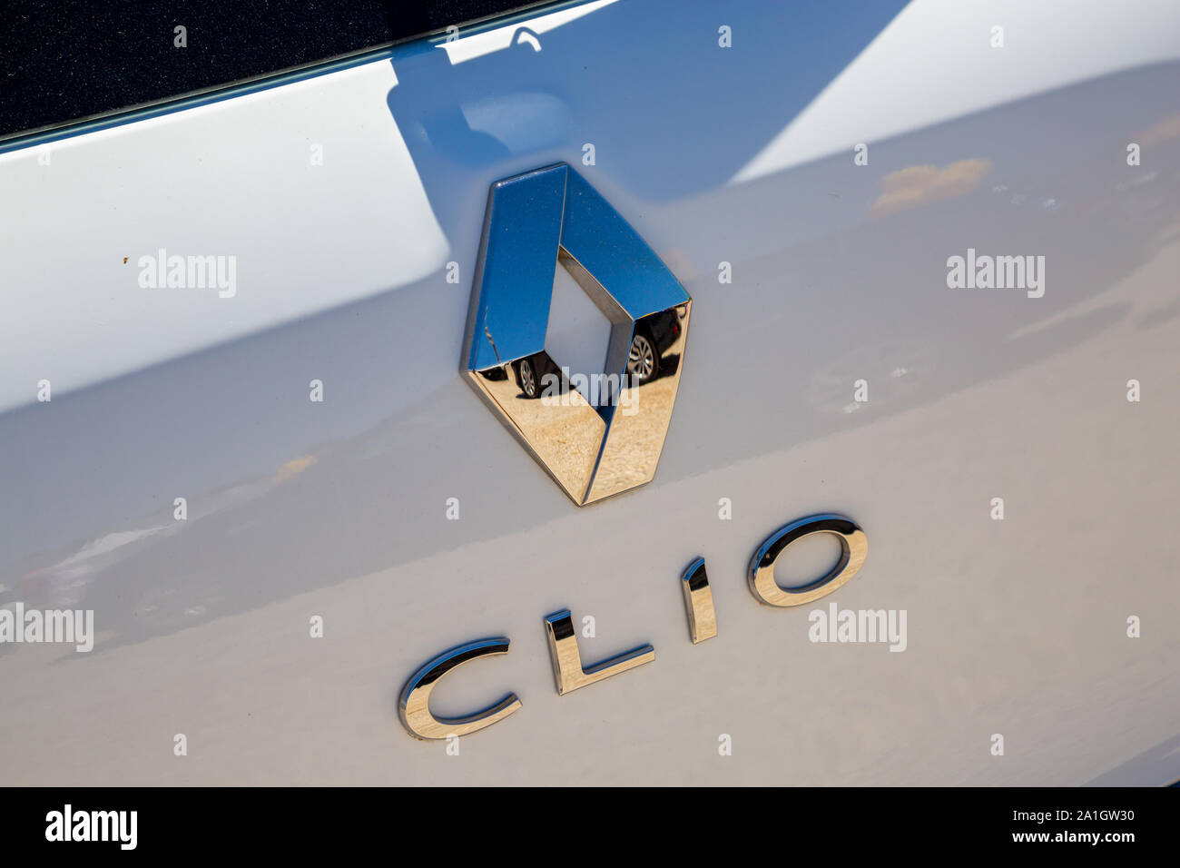 Bordeaux, France - June 2, 2019: Closeup of white Renault Clio logo on ...