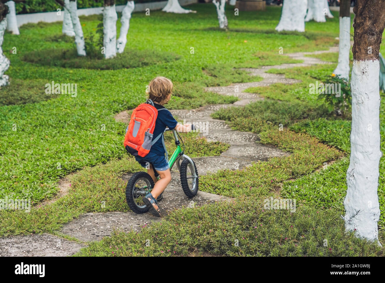 Little boy on a balance bike. Caught in motion, on a driveway ...