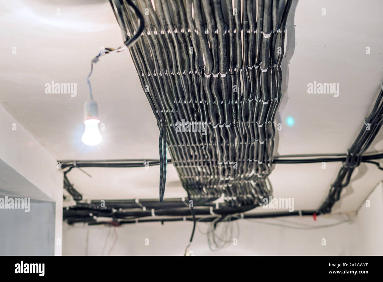 Ceiling frame made of metal profiles, electrical wires running across ...