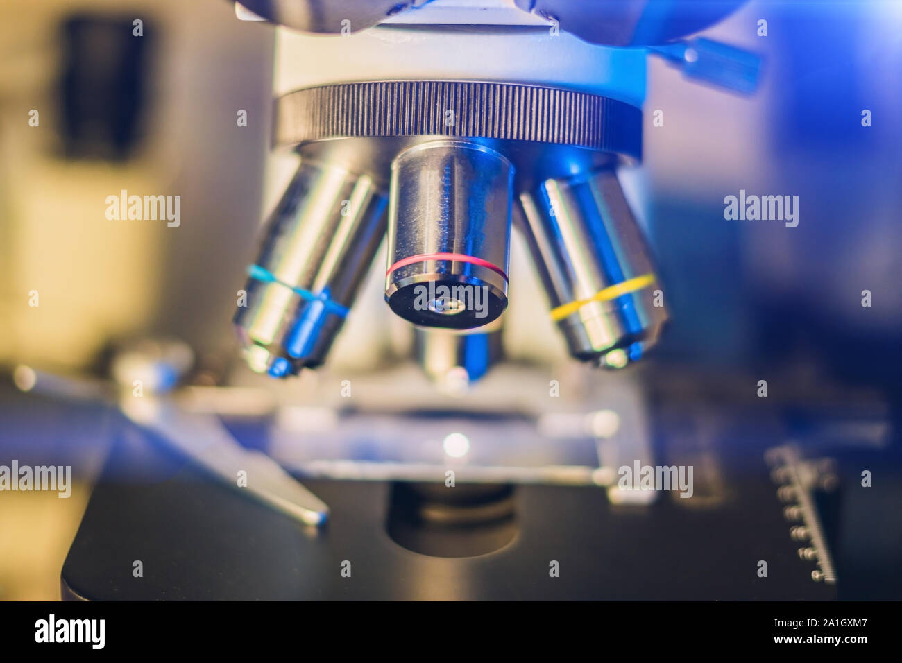 Lenses of an optical microscope. Study of biological samples Stock ...