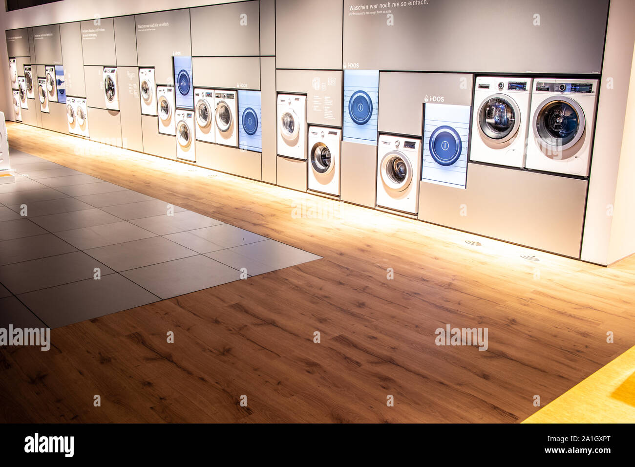 Berlin, Germany, Sep 2019 Bosch washing machines tumble dryers on ...