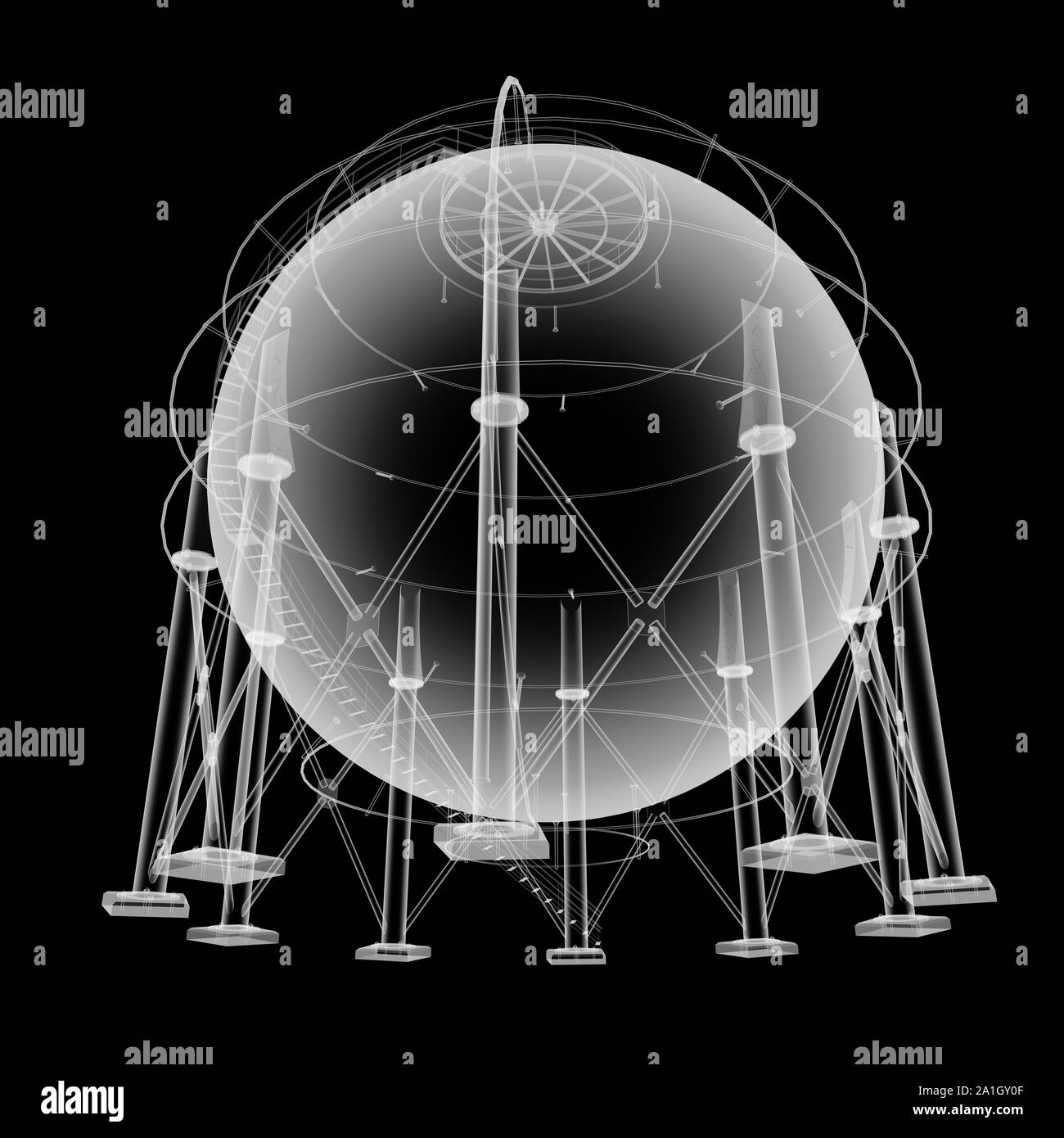 Round oil or gas tank. X-ray render isolated on black background. 3D ...