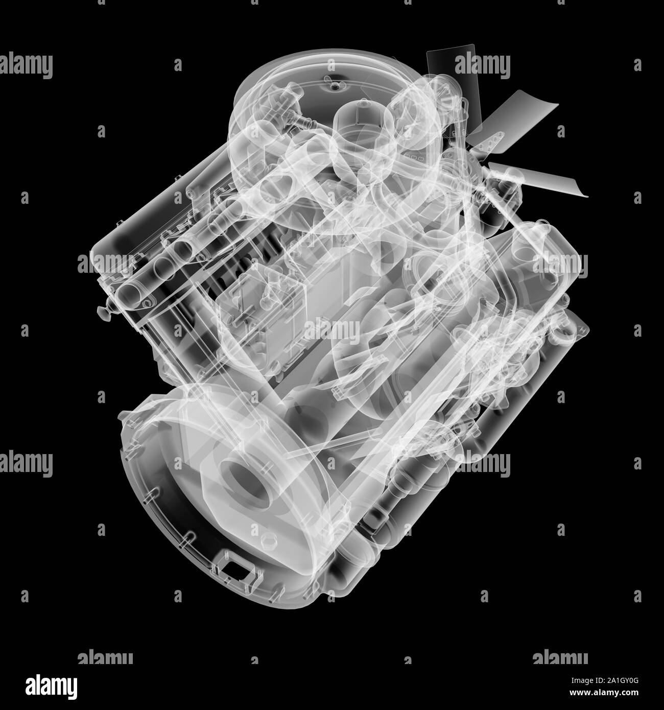 Internal combustion engine X-Ray style. Isolated on black background ...