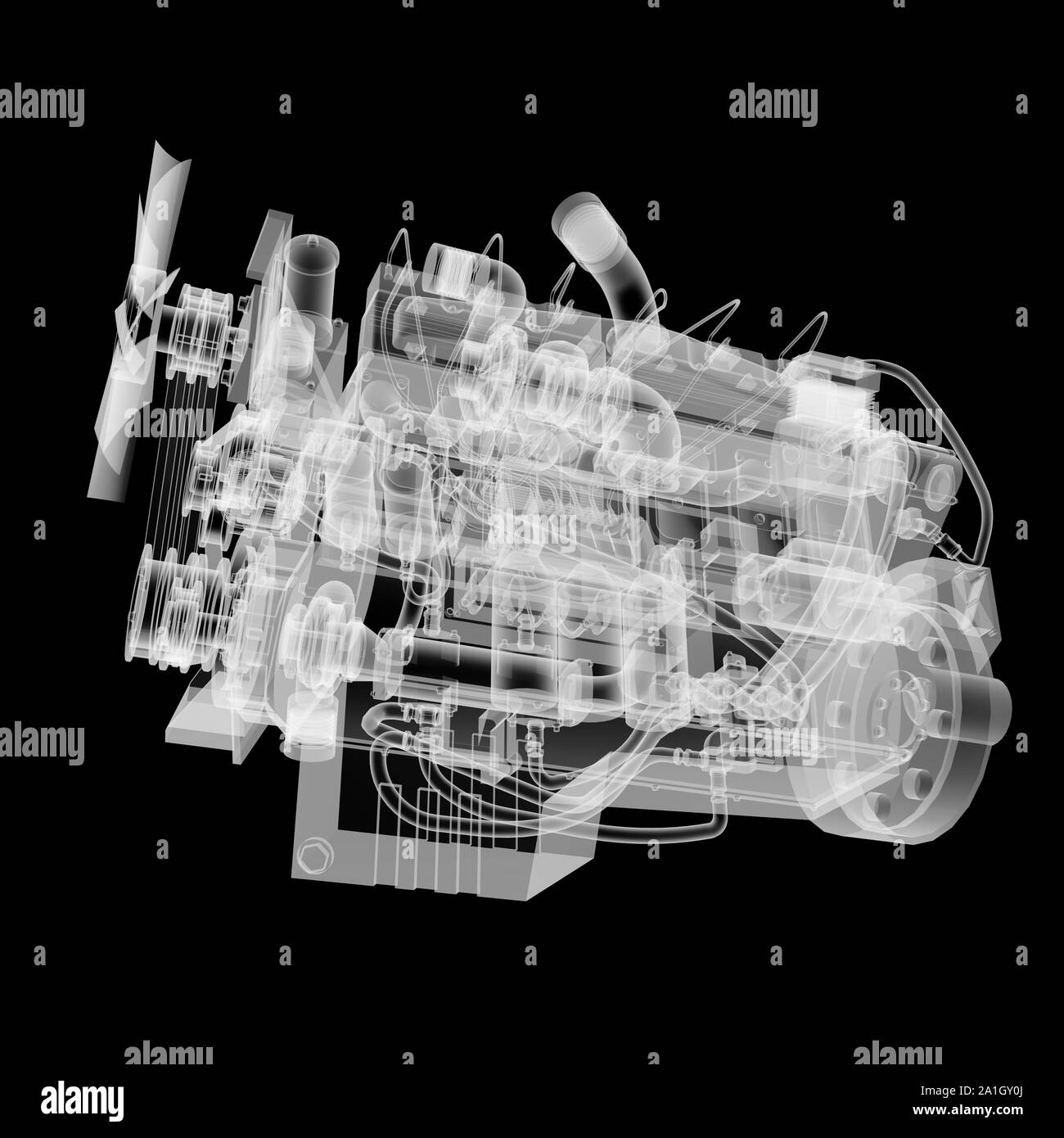 Internal combustion engine X-Ray style. Isolated on black background ...