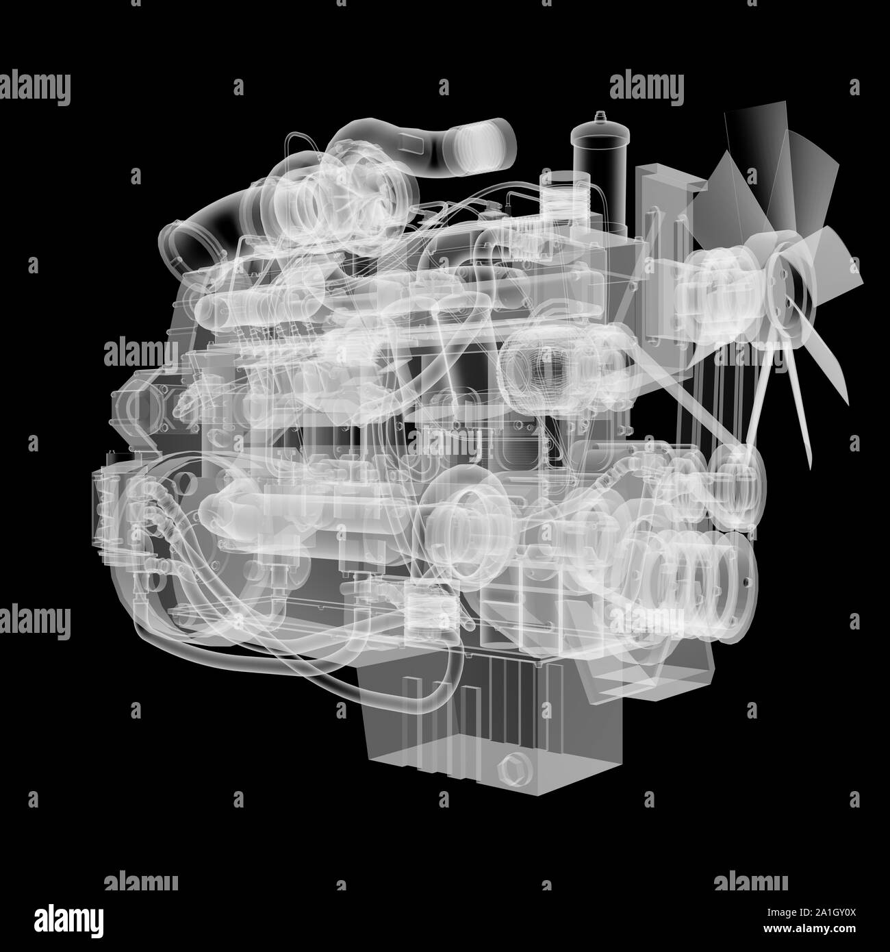 Internal combustion engine X-Ray style. Isolated on black background ...