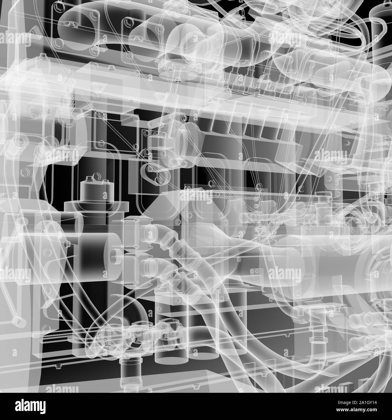 Internal combustion engine X-Ray style. Isolated on black background ...