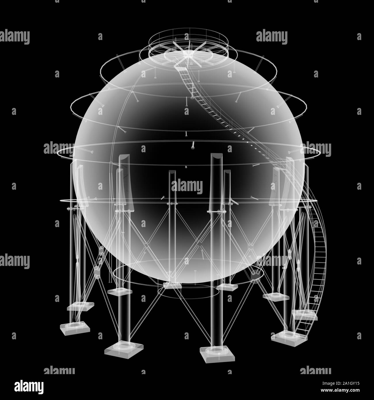 Round oil or gas tank. X-ray render isolated on black background. 3D ...