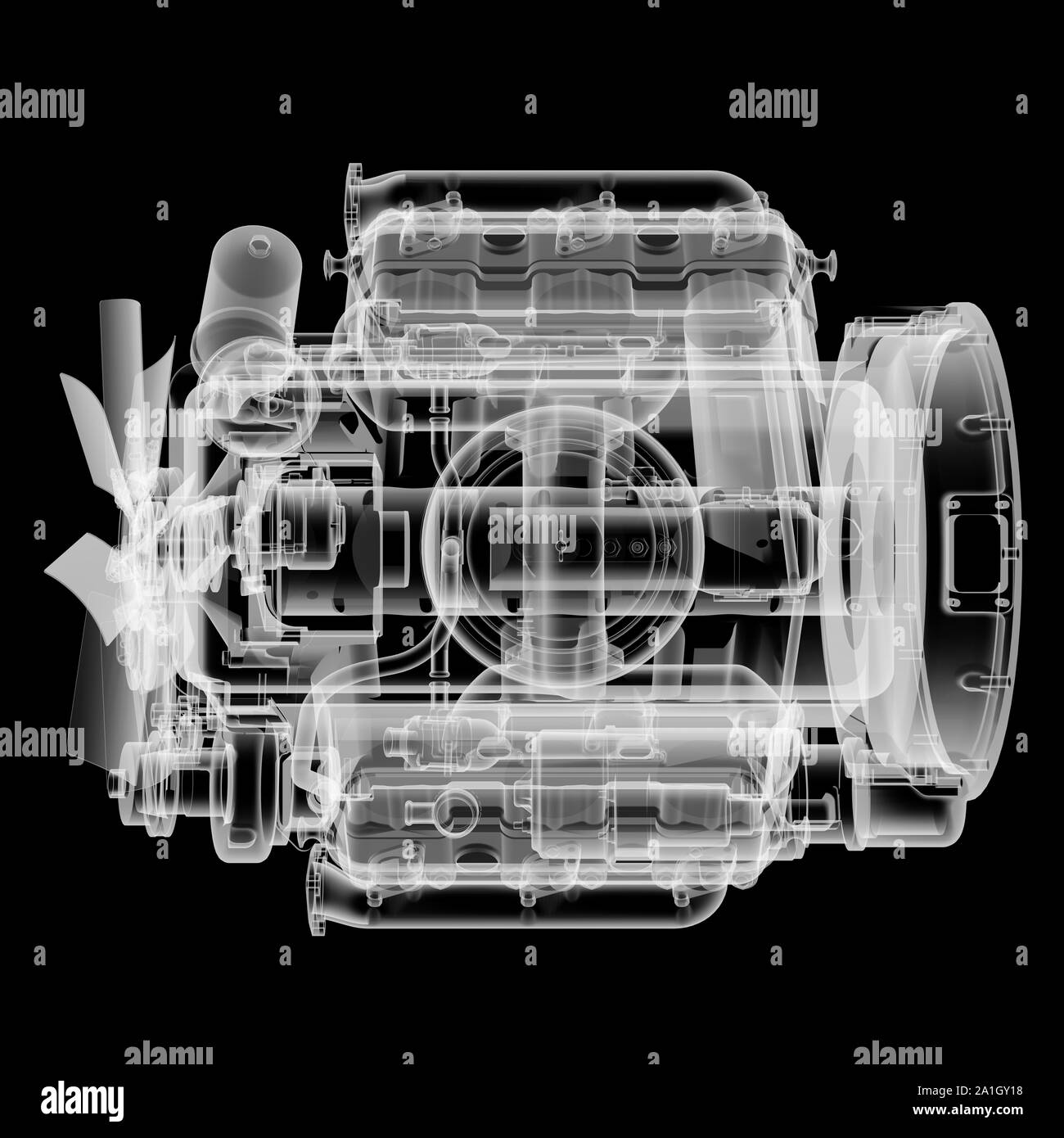 Internal combustion engine X-Ray style. Isolated on black background ...