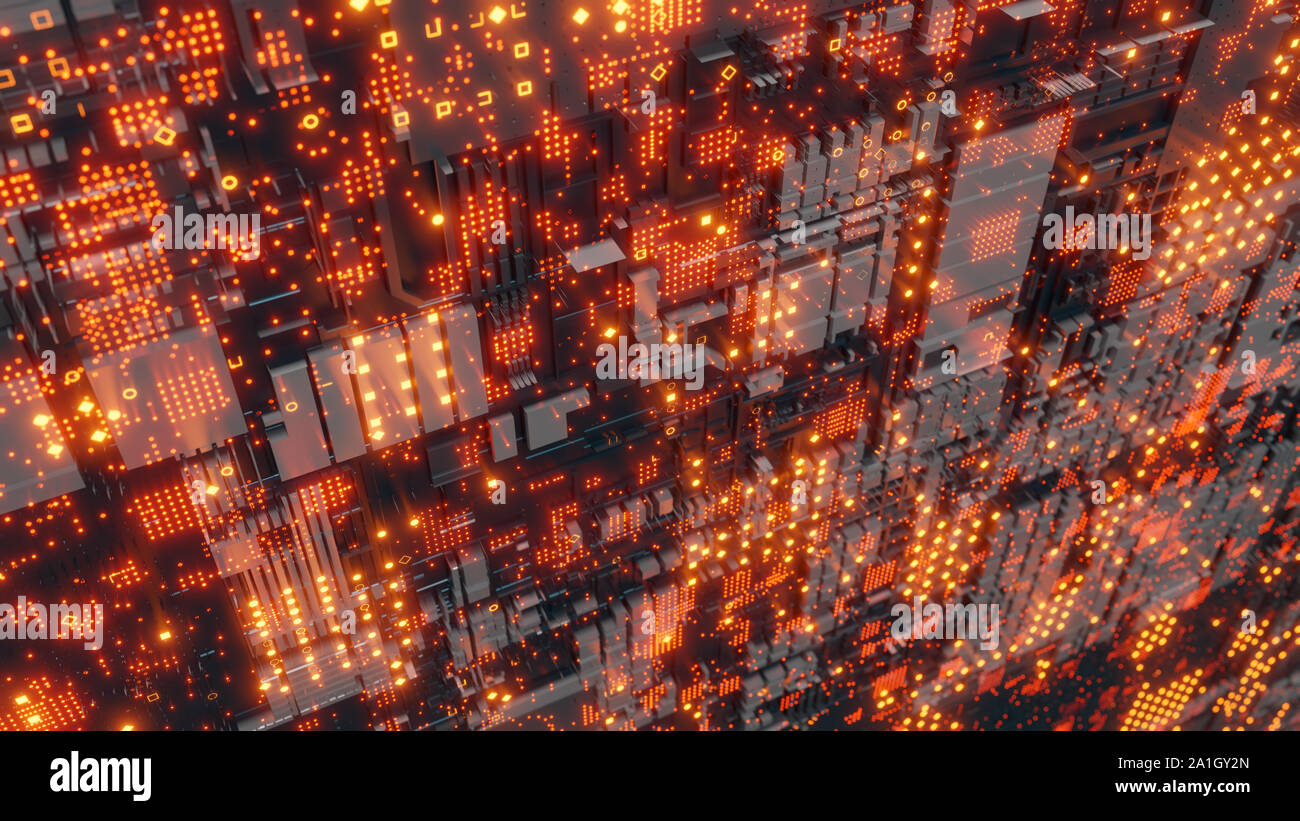 Abstract futuristic design. Tech wall with red bright elements. DOF ...