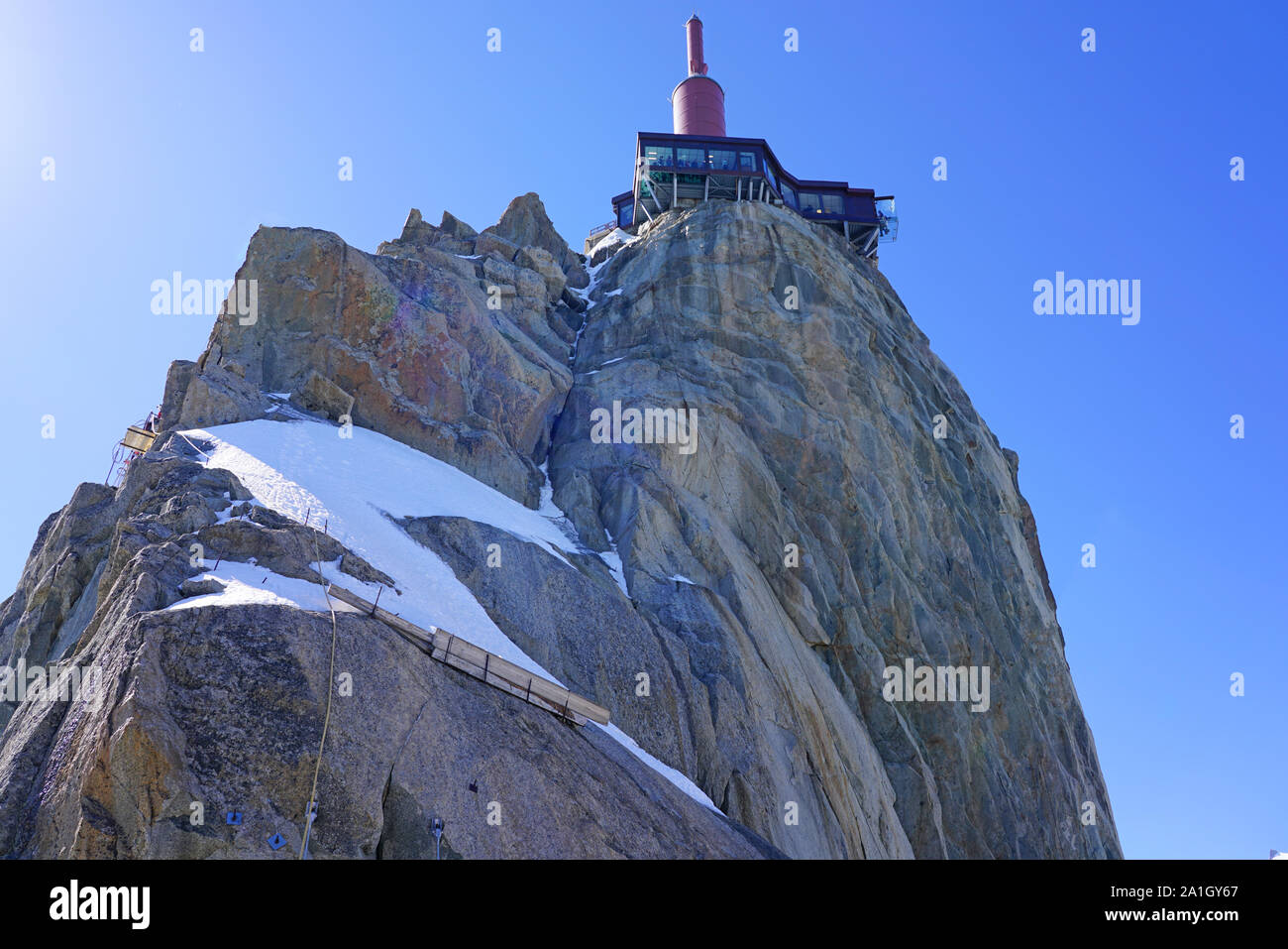 CHAMONIX, FRANCE -26 JUN 2019- View of the Aiguille du Midi, a mountain ...