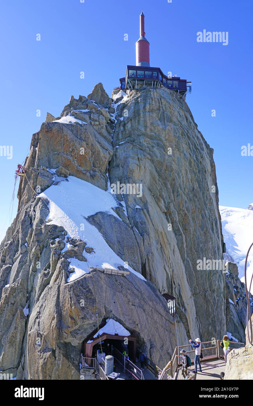 CHAMONIX, FRANCE -26 JUN 2019- View of the Aiguille du Midi, a mountain ...