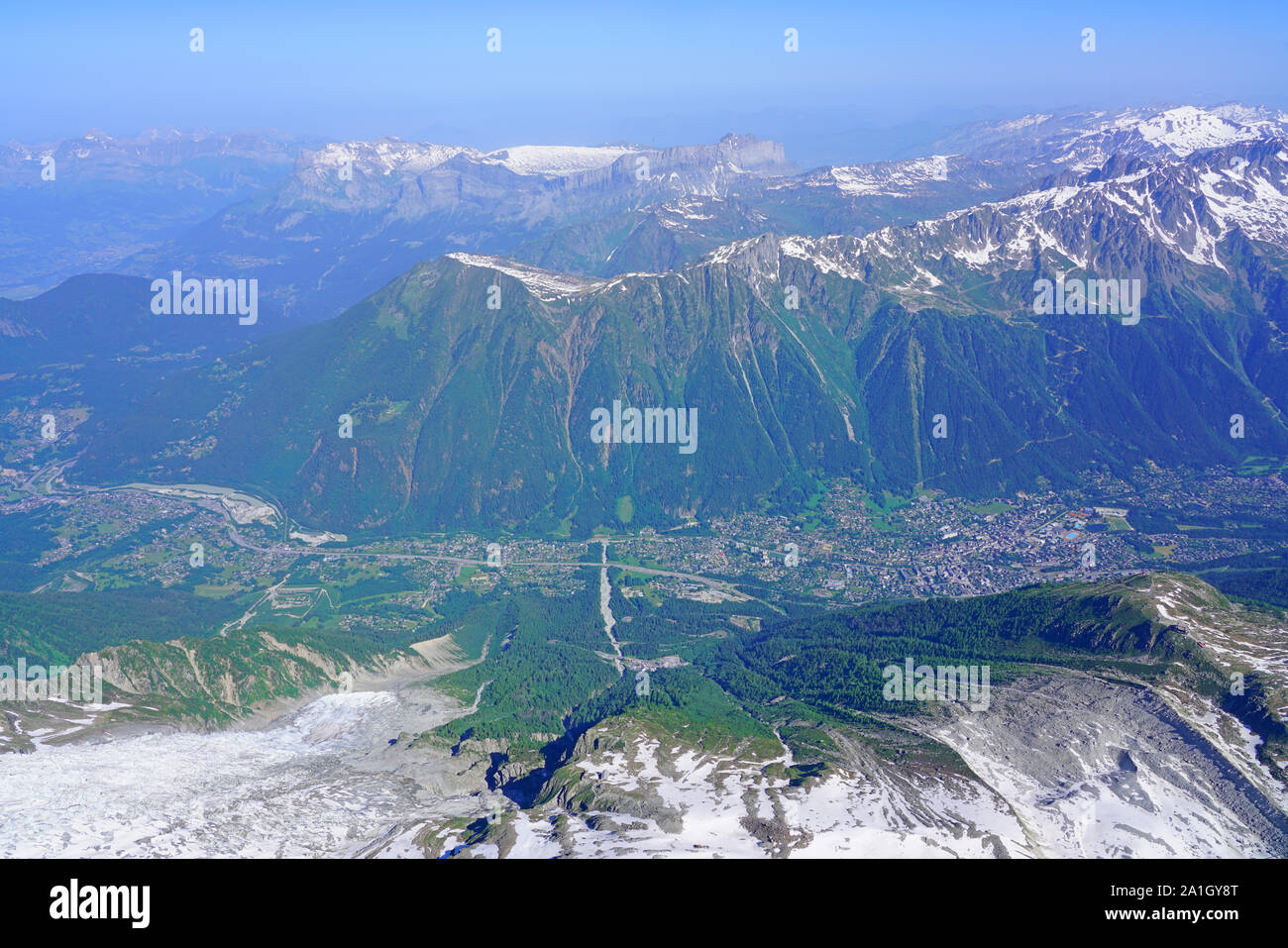 Aerial view of the Chamonix valley in the Massif du Mont Blanc near the ...