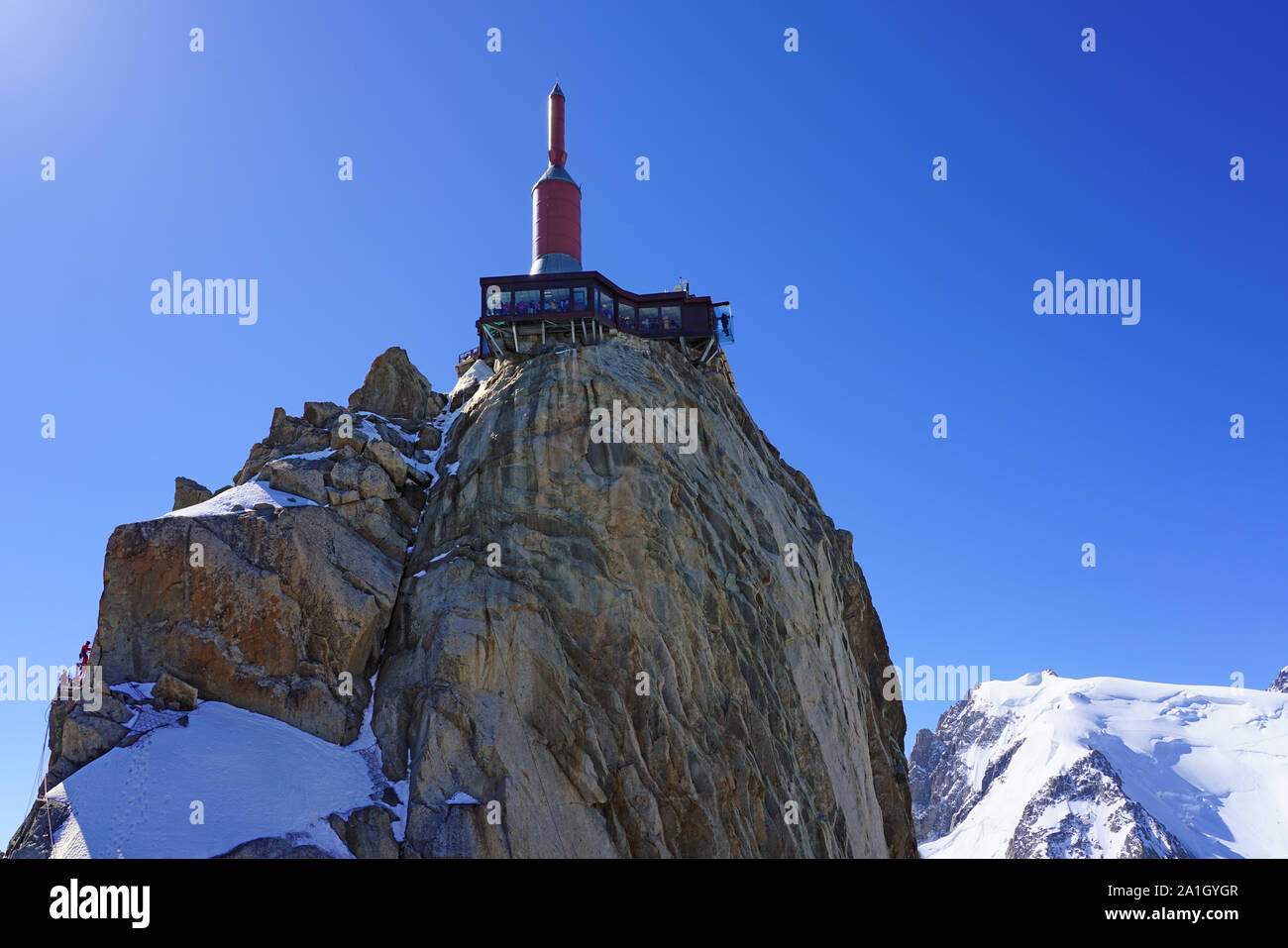 CHAMONIX, FRANCE -26 JUN 2019- View of the Aiguille du Midi, a mountain ...