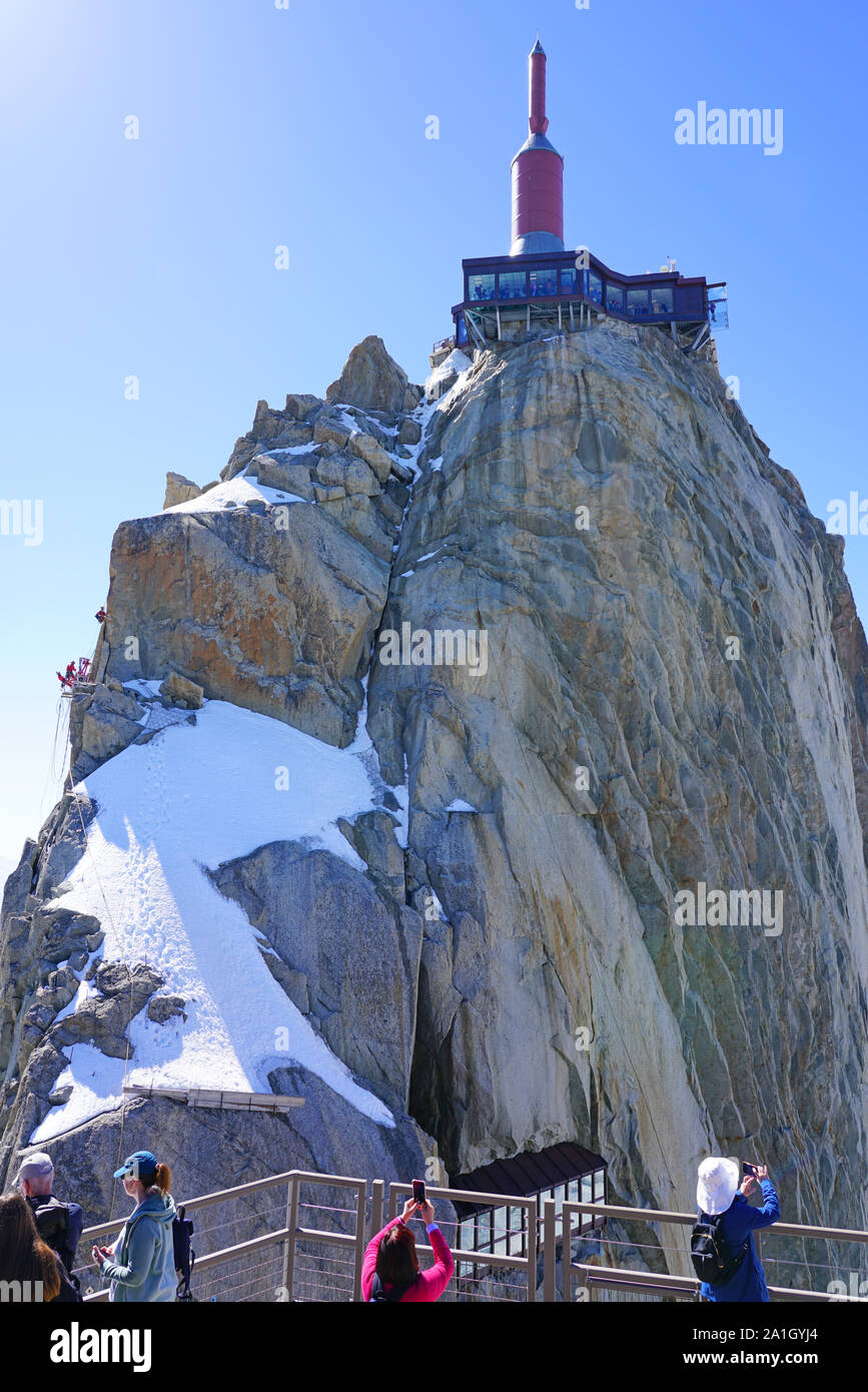 CHAMONIX, FRANCE -26 JUN 2019- View of the Aiguille du Midi, a mountain ...