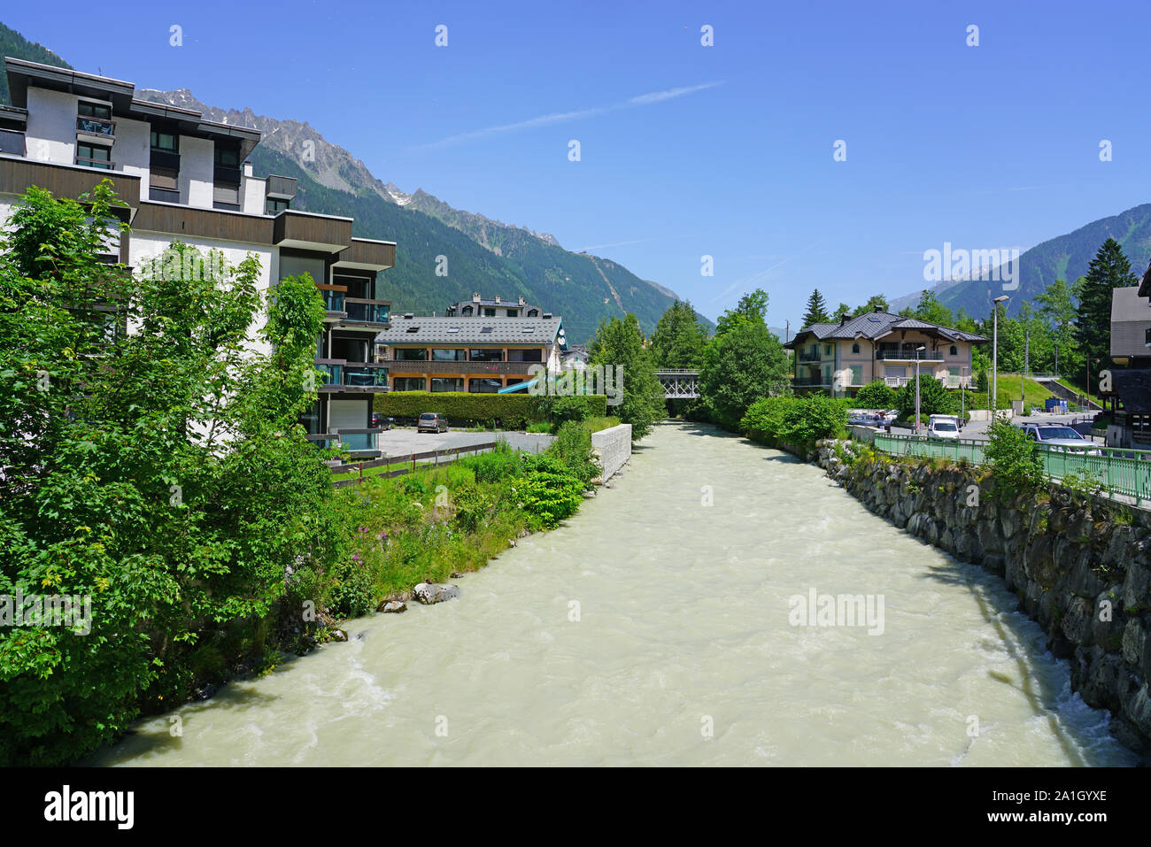 CHAMONIX, FRANCE -26 JUN 2019- View of the village of Chamonix, a ...