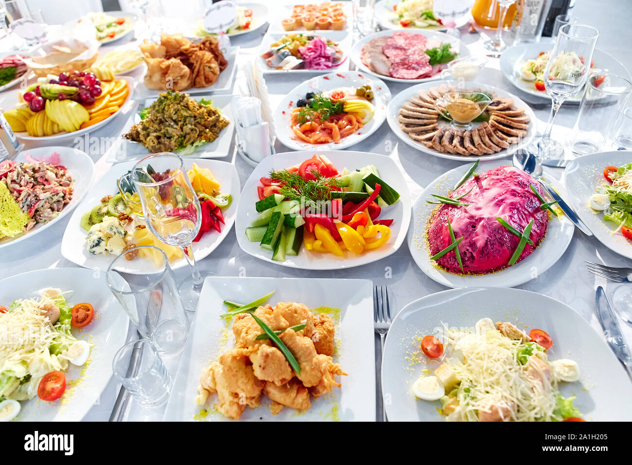 Beautifully decorated catering banquet table with different food Stock ...