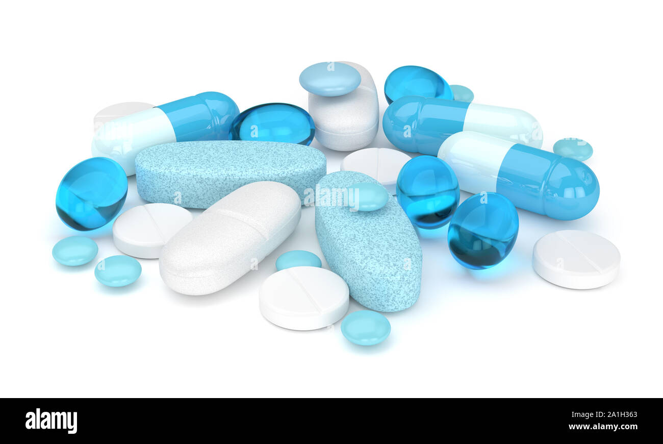 3d render of pills, tablets and capsules over white background Stock ...