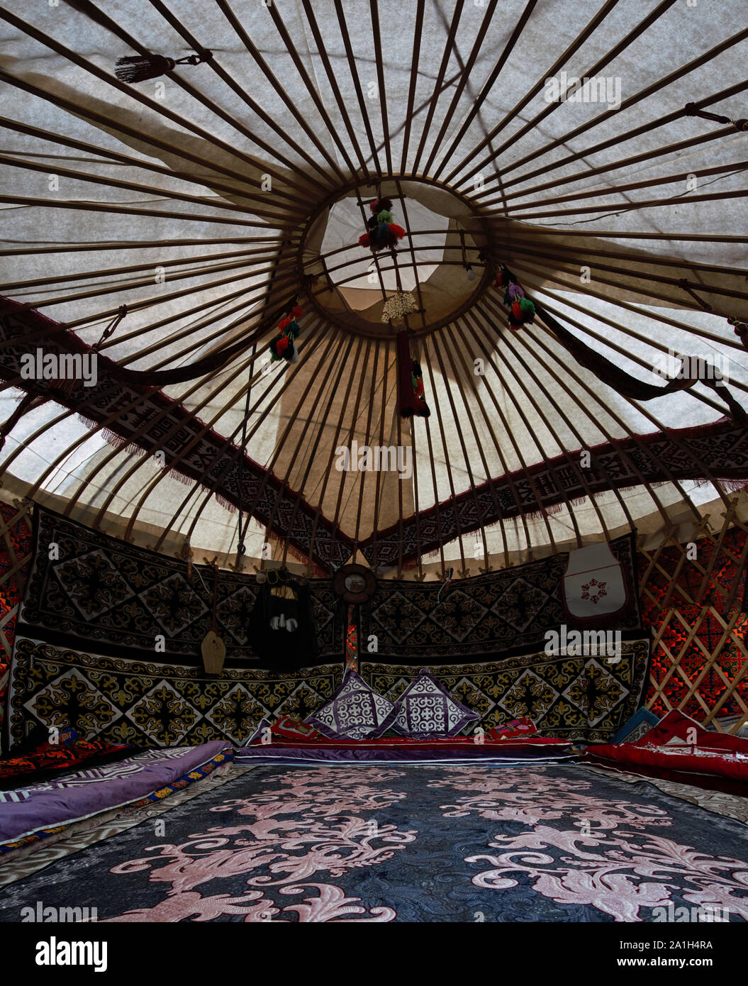 Interior of a traditional nomad yurt tent in Kazakhstan, Central Asia ...