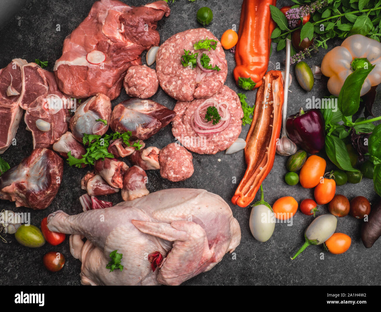 Different types of raw meat: beef, chicken, lamb, gilbert, pork, herbs ...