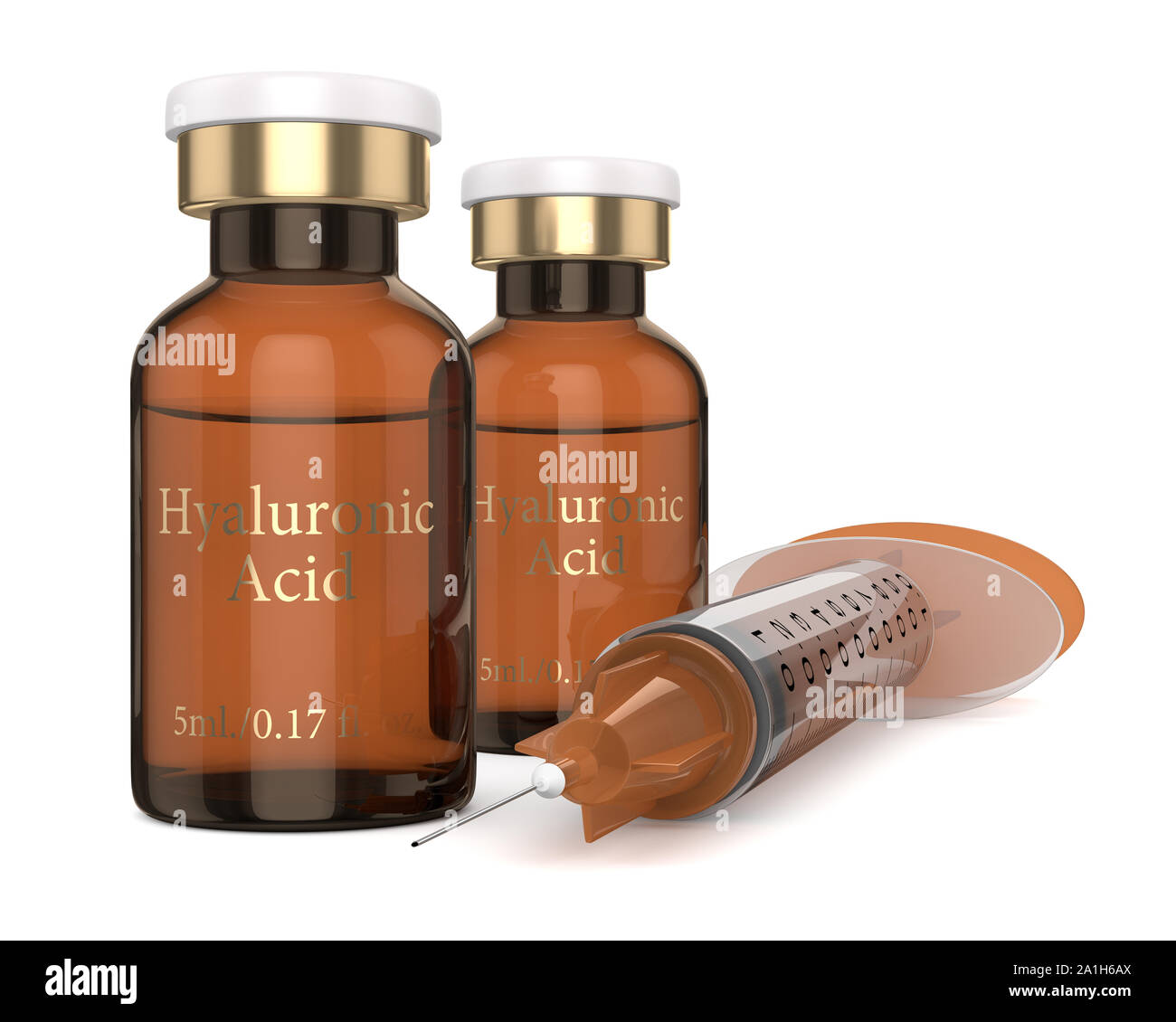 3d render of hyaluronic acid vials with syringe isolated over white ...