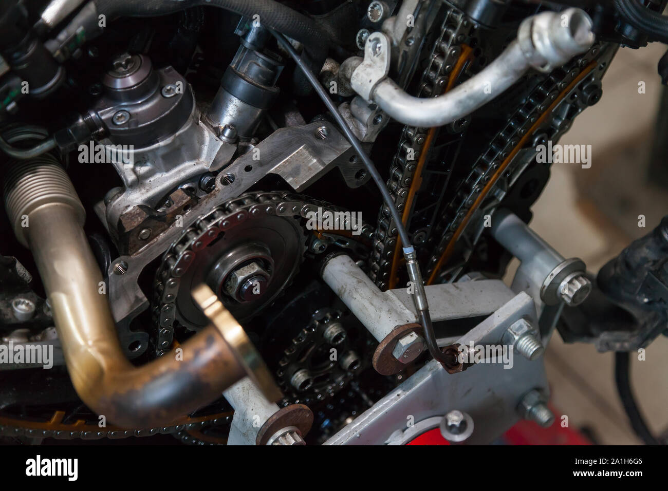 Close-up on a disassembled engine with a view of the gas distribution ...
