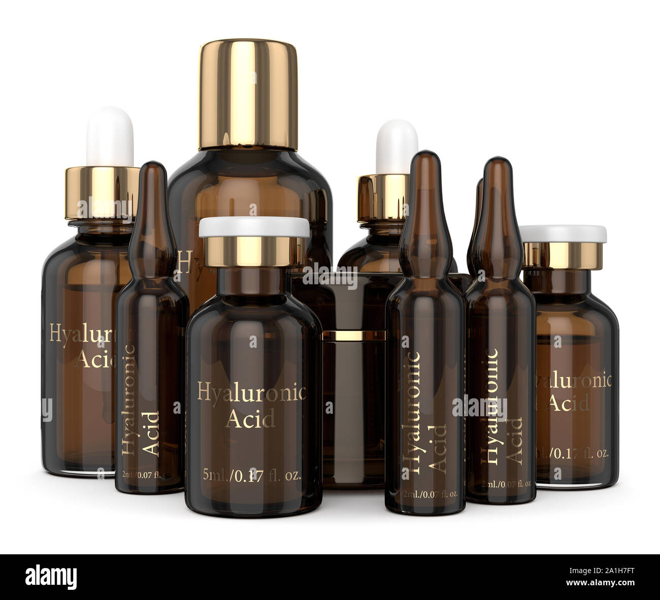 3d render of hyaluronic acid vials, bottles and cream isolated over ...
