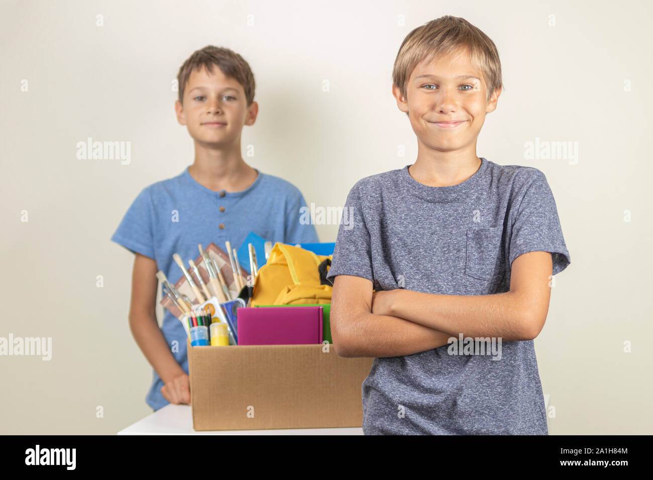 Donation concept. Kids happy to help others. Boys with donation box ...