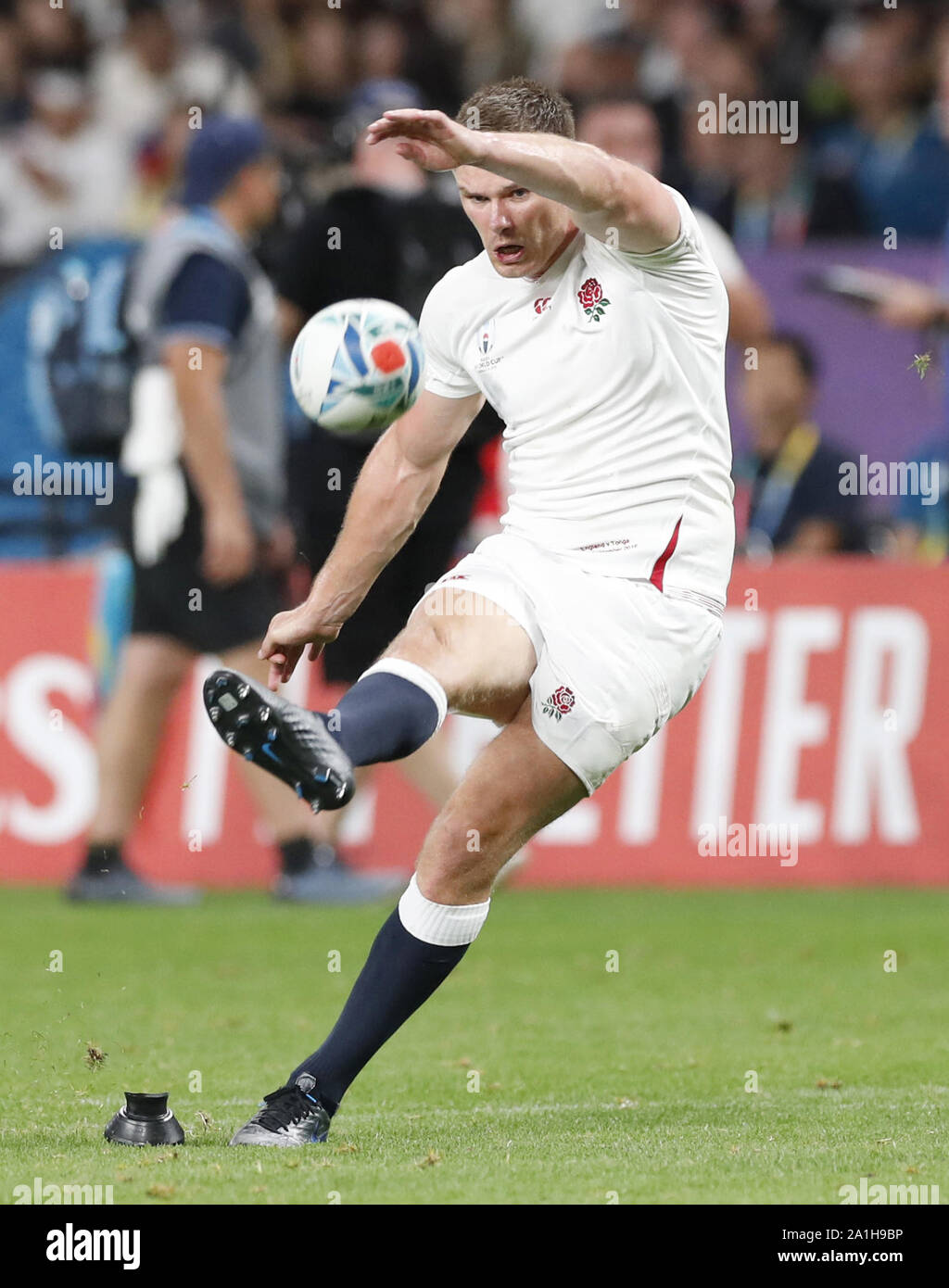 Owen Farrell of England kicks a conversion during the second half of a ...
